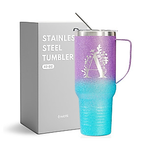 Personalized 40 oz Tumbler with Handle for Women, Monogrammed Travel Mugs with Initials, Unique Gifts for Her on Birthdays Christmas, Purple, A