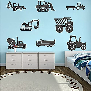 ANFRJJI Construction Vehicle Wall Decal - Excavator Bulldozer Mixer Truck PVC Removable Wall Sticker with 8 City Construction Vehicles - Construction Truck Tractor Peel and Stick for Kids Room Art Murals DecorationsJWH130 (black)