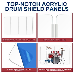 PENNZONI Drum Shield 5ft w/Living Hinges, Comes w/ 6 Drum Panels & Living Hinges, Premium Clear Acrylic Panels, Drum Screen