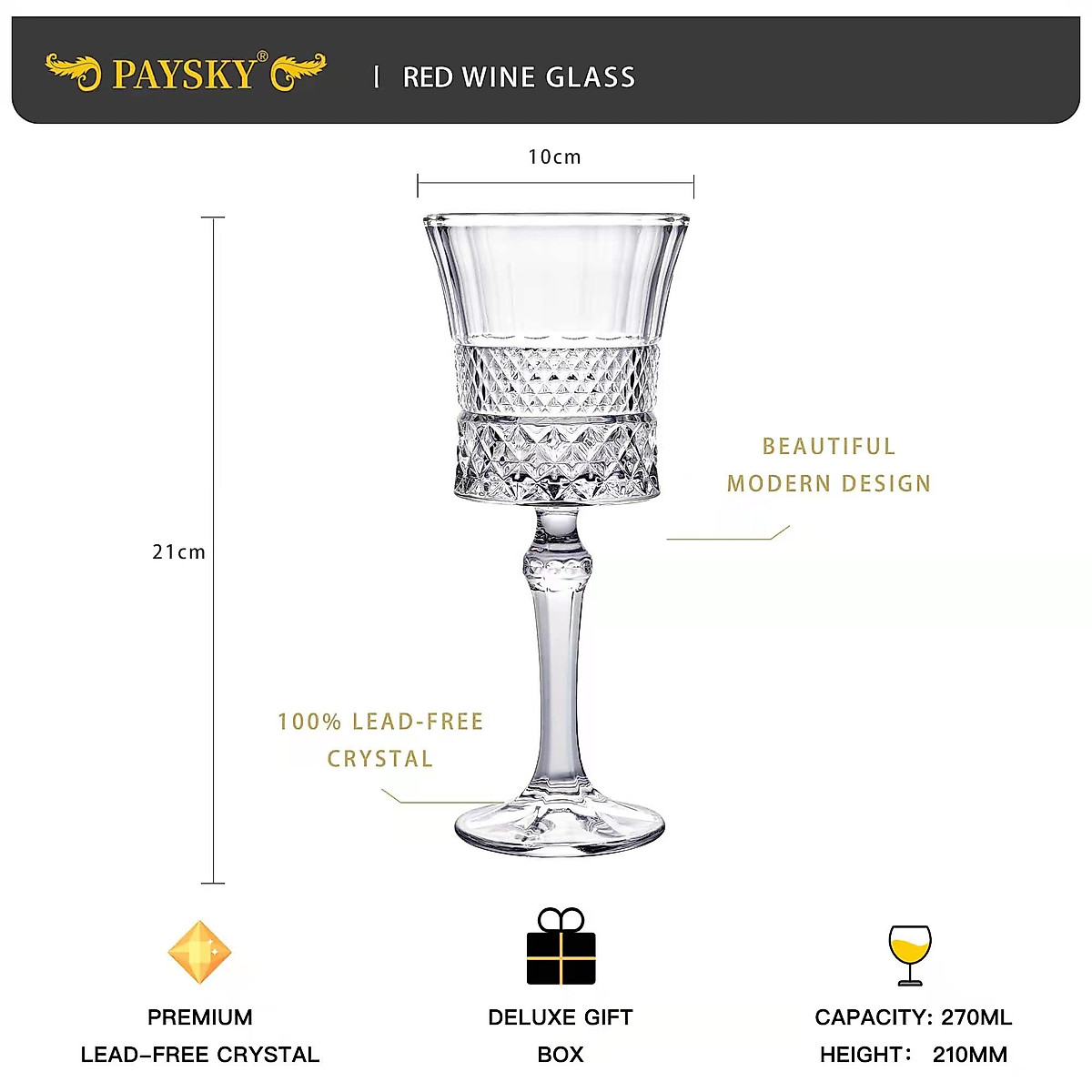 Paysky Wine Glasses Set of 2, Crystal Carving Wine Glass,Elegant Carving Design and Luxury Gift Box is Unique Red Wine Glass Gift for Women or Men 10oz