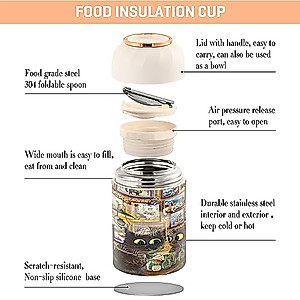 CUPADA Cats Eyes Funny Food Jar, Oil Painting Cute Insulated Hot Food Jars Vacuum 17OZ with Folding Spoon for Work Trip Picnic Camping