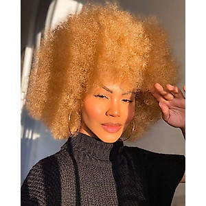 HIHOO Short Afro Wig with Bangs for Black Women Afro Kinky Curly Wig 70s Premium Synthetic Big Afro Wig(Blonde)