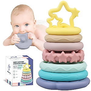 Baby Sensory Teething Toys - Baby Teether Montessori Toys - Gifts for Infant Newborn Boys Girls 6 9 12 18 Months 1 One Year Old - Stacking Rings Bath Toys - Toddler Educational Learning Toys