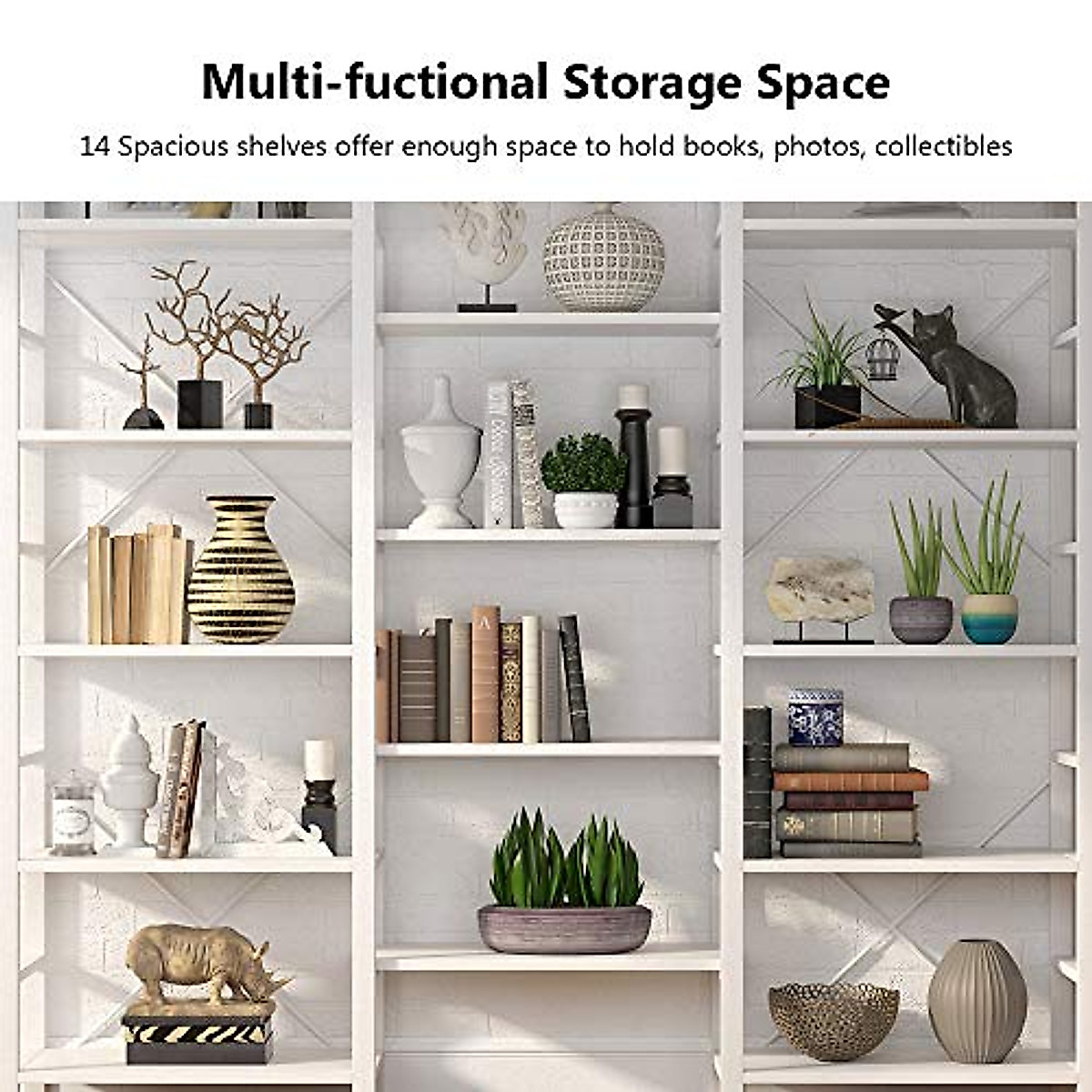 Tribesigns Triple Wide 5-Shelf Bookcase, Etagere Large Open Bookshelf Vintage Industrial Style Shelves Wood and Metal bookcases Furniture for Home & Office, All White