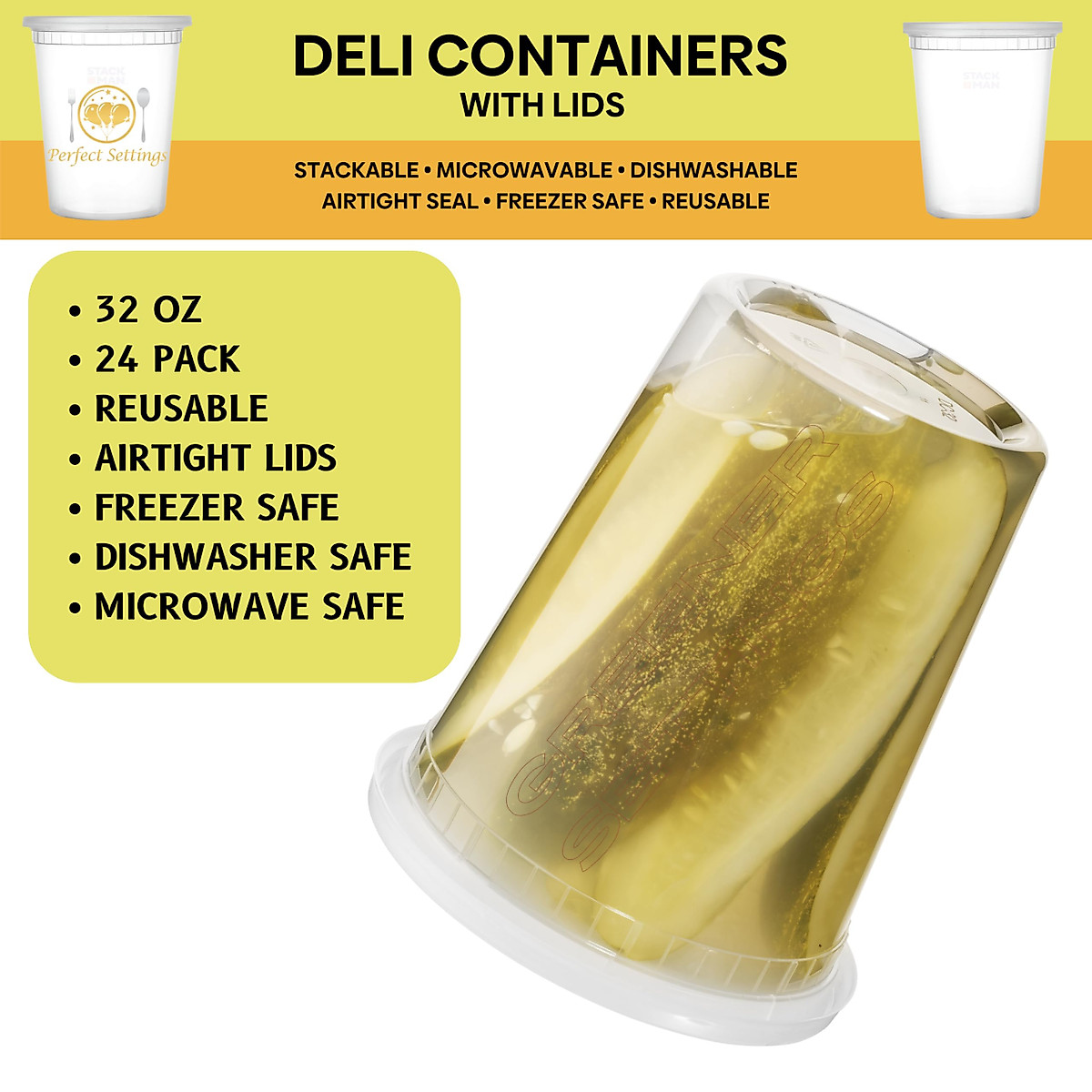 Perfect Settings 32oz Deli Containers with Lids - 24 Sets Quart Freezer Storage Containers - Leakproof, Stackable, Microwave Safe Soup Storage Plastic Soup Containers for Meal Prep Leftovers Takeout