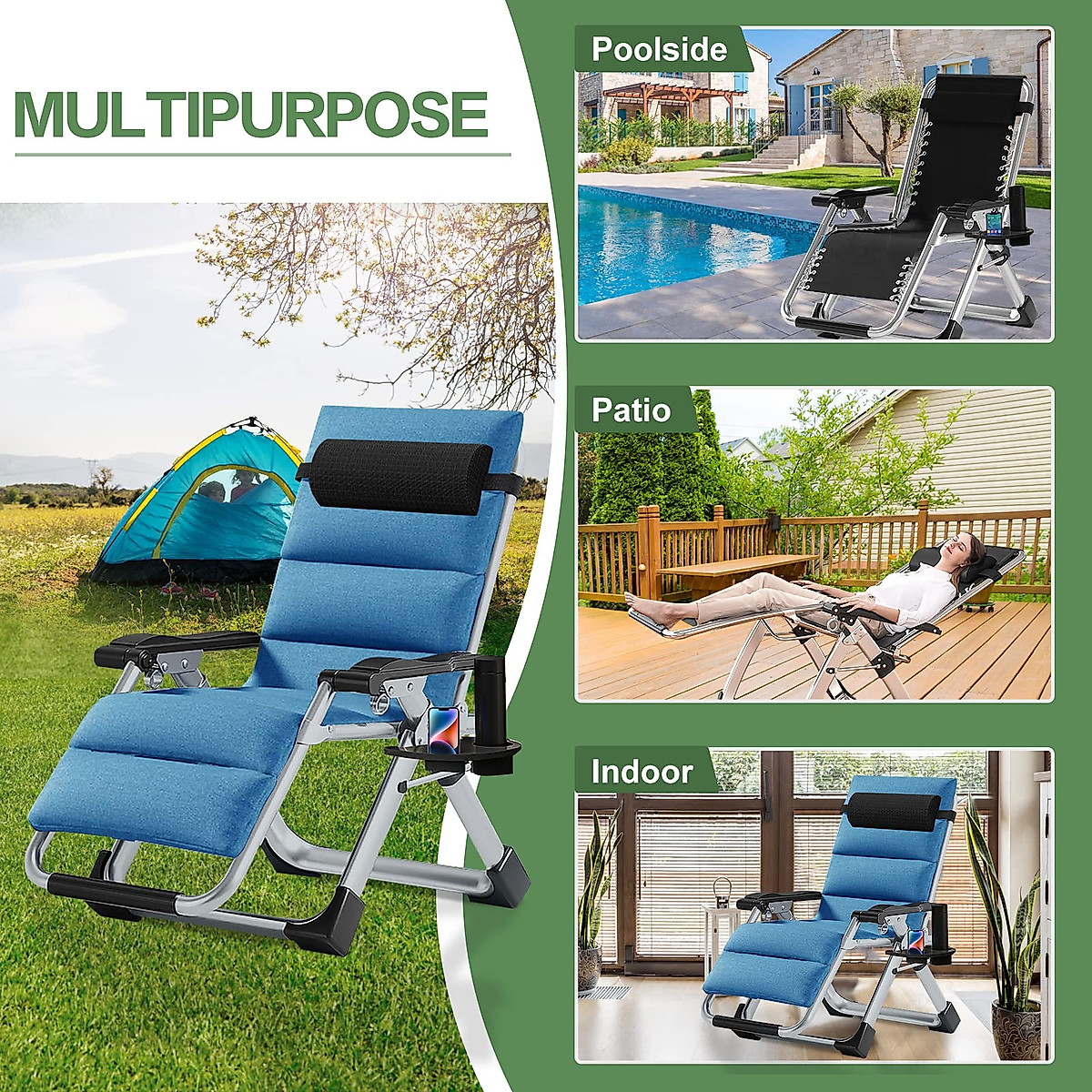 Barbella Zero Gravity Chair Reclining Lounge Chair Patio Chairs, Adjustable Lawn Recliner Folding Lounge Recliners with Removable Cushion, Headrest & Cup Holder, Reclining Chair for Indoor and Outdoor