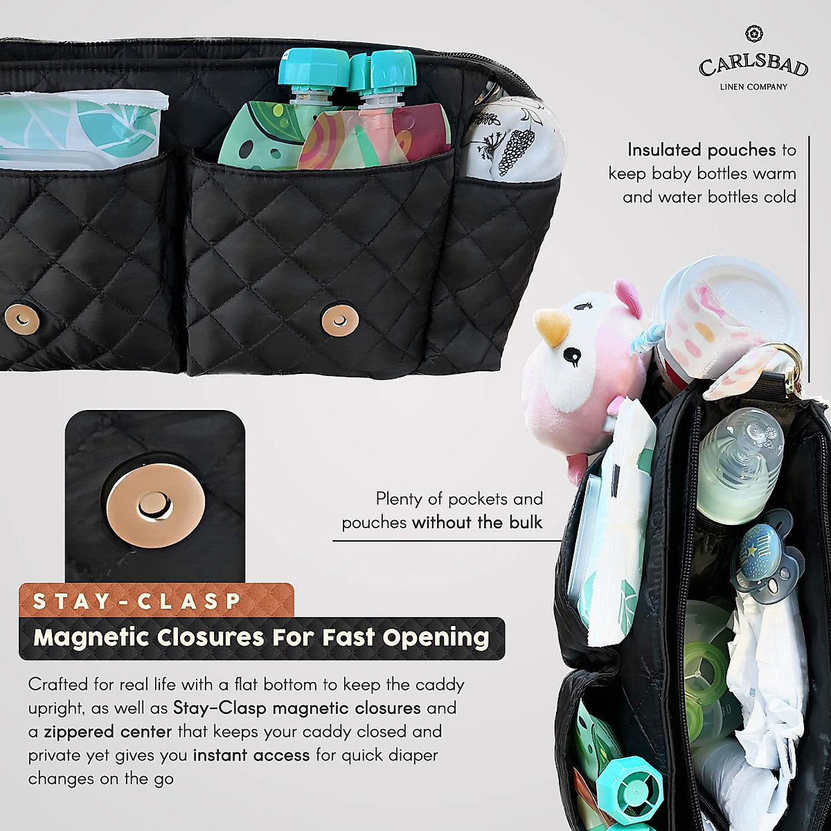 Carlsbad Linen Company Stylish Black Quilted Nylon Universal Stroller Caddy Organizer Cup Holder and Insulated Bottle Pouch 3 Strap Options Included Loose Fit Stable Velcro And Over the Shoulder