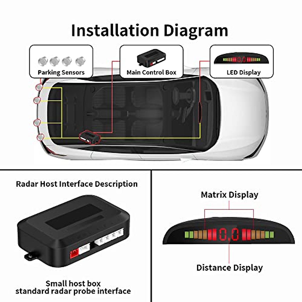 EKYLIN Car Auto Vehicle Reverse Backup Radar System with 4 Parking Sensors Distance Detection + LED Distance Display + Sound Warning (Silver Color)