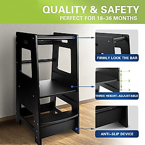 ECOMEX Standing Tower for Toddlers, Toddler Stool for Kitchen Counter Kids Kitchen Step Stool with Safety Rail Toddler Standing Tower with Adjustable Platform for Kitchen Counter, Classic Black