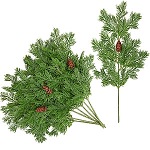Watayo 8 Pcs Large Artificial Pine Needles Branches- 16" x 7" Christmas Fake Greenery Pine Picks with Pinecone- Faux Pine Leaves Sprigs for Christmas Garland Wreath & Home Garden Decoration