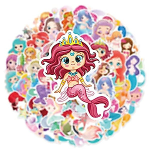 50PCS Kawaii Cartoon Mermaid Stickers Sweet Mermaid Fairy Stickers Waterproof Bedroom Wardrobe Car Skateboard Motorcycle Bicycle Luggage Guitar Laptop Phone DIY Decal Vinyl Stickers for Kid Girl (mermaid)