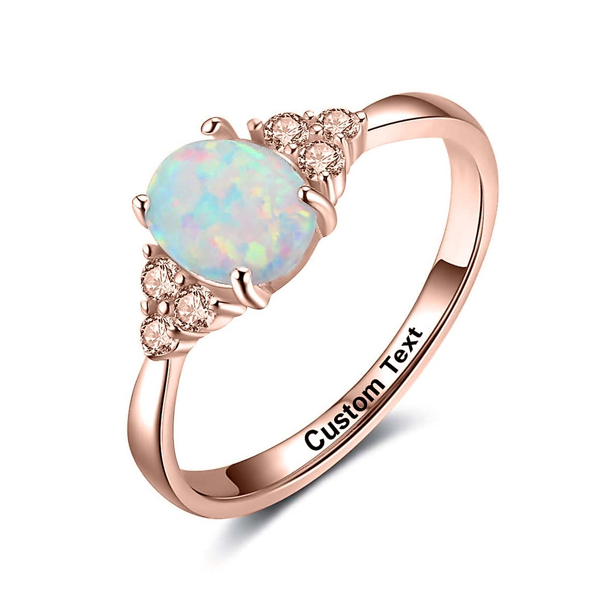 Dainty Simple Rings for Women Opal Ring Oval Lab Created White Opal & Round Cubic Zirconia Personalized Engraved Custom Name Sterling Silver