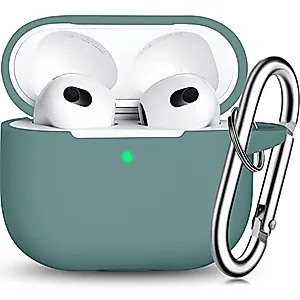 R-fun AirPods 3 Case Cover, Silicone Protective Accessories Skin with Keychain Compatible with Apple AirPod 3rd Generation 2021 for Women Men Girls Boys,Front LED Visible-Pine Green