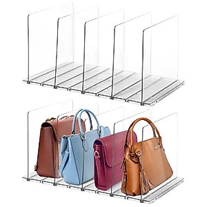 2 Pack Purse Divider Organizers for Closet, 16.3'' x 7.9'' x 6.4'' Adjustable Clear Shelf Dividers for Bags Purses Closet Organization, Handbag Divider Organizer Holders for Bookshelf Bedroom