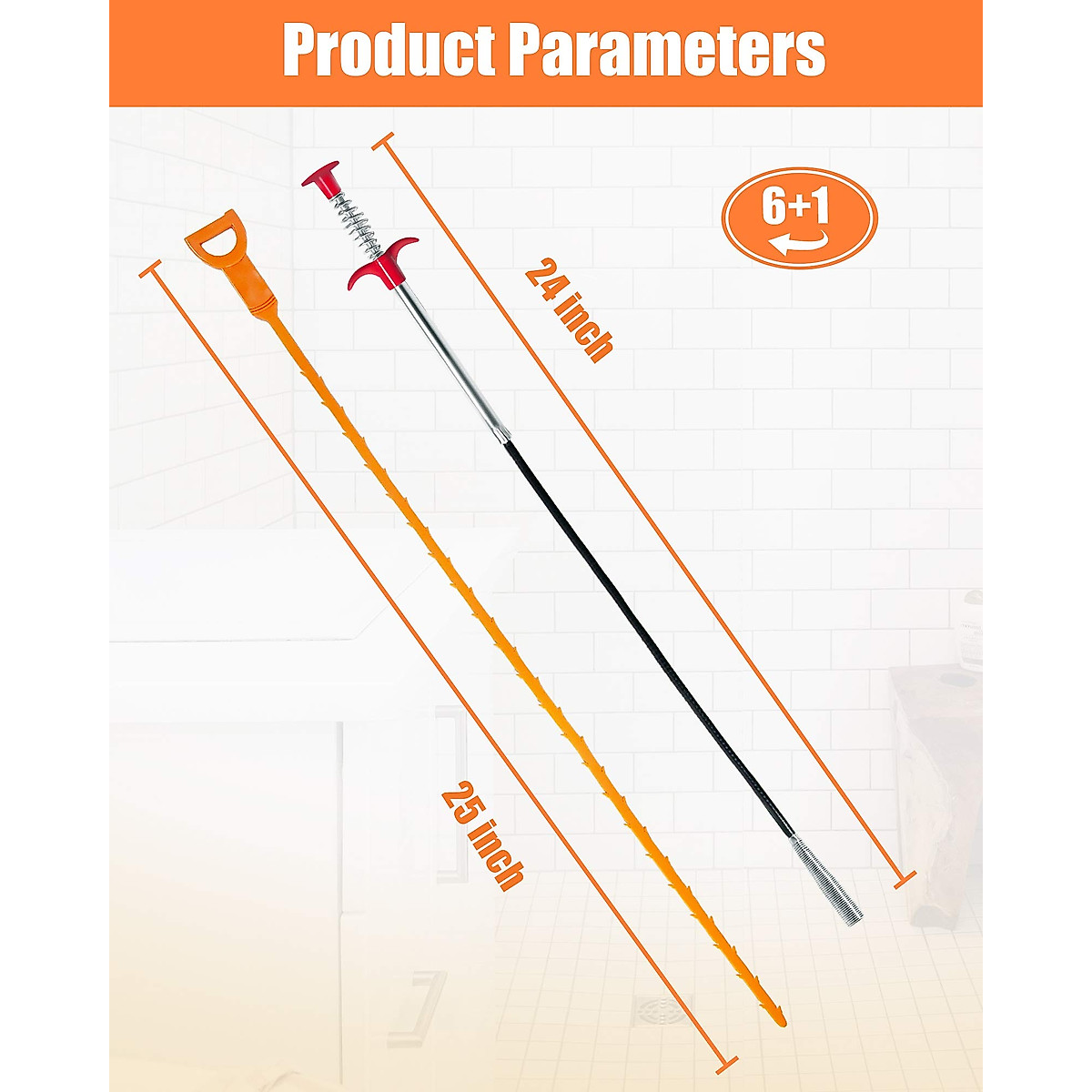 LONGGUI 25inch Hair Drain Clog Remover Tool(6pcs), 24inch Drain Cleaner Sticks To Drain Hair Clog For Remover (1pcs), Drain Hair Remover Tool For Sewer, Toilet, Kitchen Sink, Bathroom Tub,(6+1)