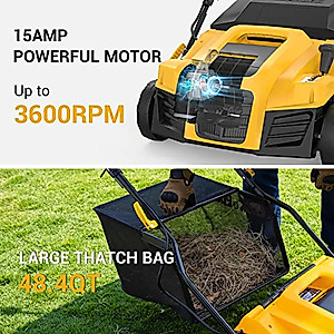 Rock&Rocker 2-in-1 16INCH Dethatcher Scarifier, 15 Amp Electric Lawn Dethatcher, 5 Working Depth Adjust, 48.4QT Removable Collection Bag, for Lawn Health, Yellow (REDM16A)