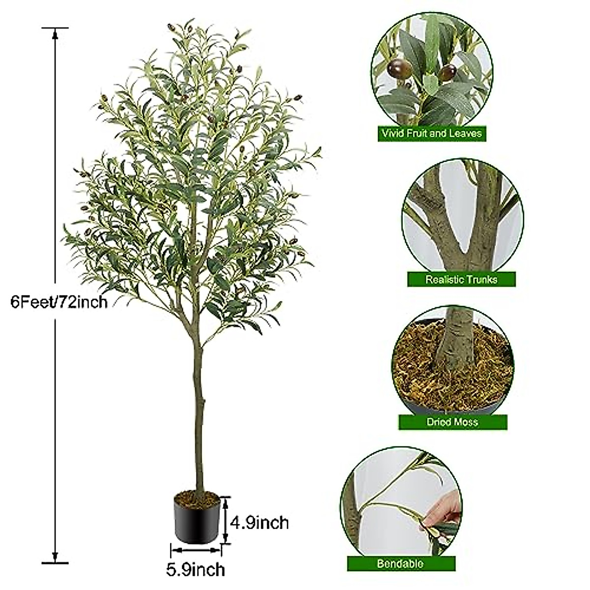 Olive Tree Artificial Indoor 6FT (72''), GTIDEA Artificial Tree Fake Tree Indoor Large Faux Olive Tree and Fruits Artificial Plants Silk Trees for Home Office Living Room Spring Decor