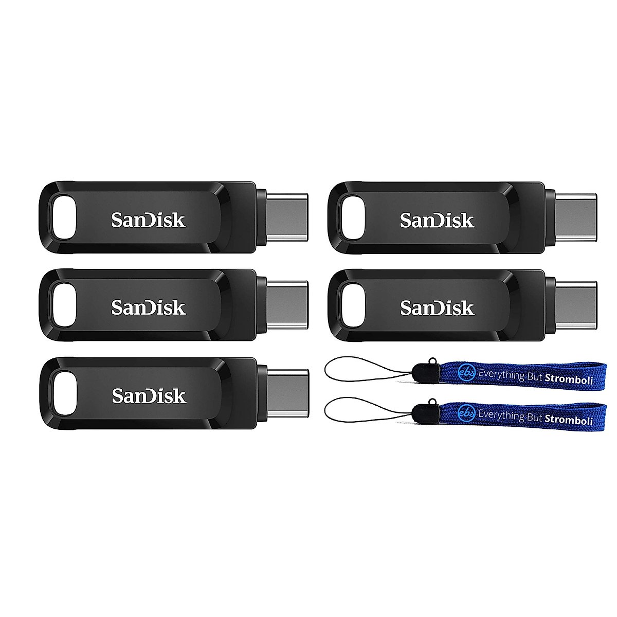 SanDisk 64GB Ultra Dual Drive Go (SDDDC3-064G-G46) 2-in-1 USB Type-A & Type-C Flash Drive - 5 Pack Bundle with 2 Everything But Stromboli Lanyards