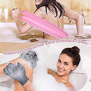 4 Pack Exfoliating Shower Bath Gloves Back Scrubber Set, 2 Exfoliating Body Scrubber Nylon Back Washer, 2 Pairs Scrub Gloves for Women Men Children Skin Pull Strap Washcloth (Pink, Gray)