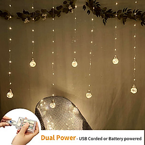 YOLIGHT Wishing Ball Curtain Lights 200 LED Window Curtain String Lights with Remote, USB Battery Powered Twinkle Globe Fairy Lights for Wedding Party Bedroom Christmas Decoration (Warm White)