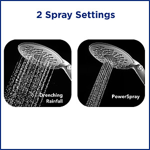 Waterpik CF-201E Flexible Neck 2-Mode Rainfall Rain Shower Head, 1.8 GPM, White, 1.8 GPM