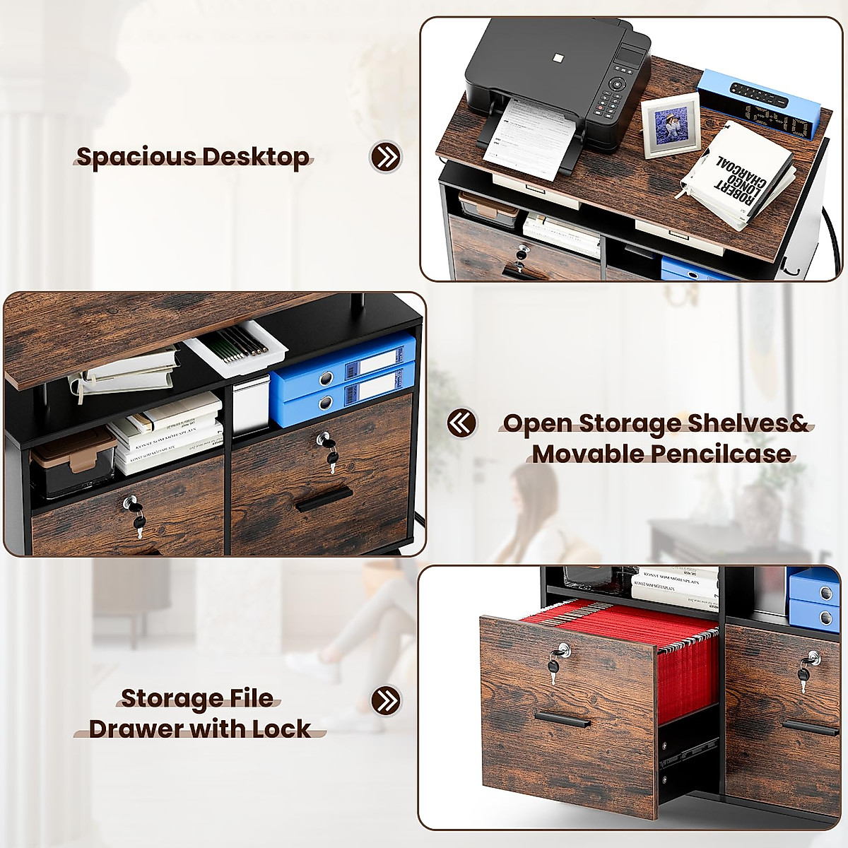 Naice File Cabinet with Charging Station, Lateral File Cabinets with 2 Lock Drawers, Wood Filing Cabinet for Home Office Printer Stand, 2 Storage Shelves, Letter/A4 Size Hanging File Folders