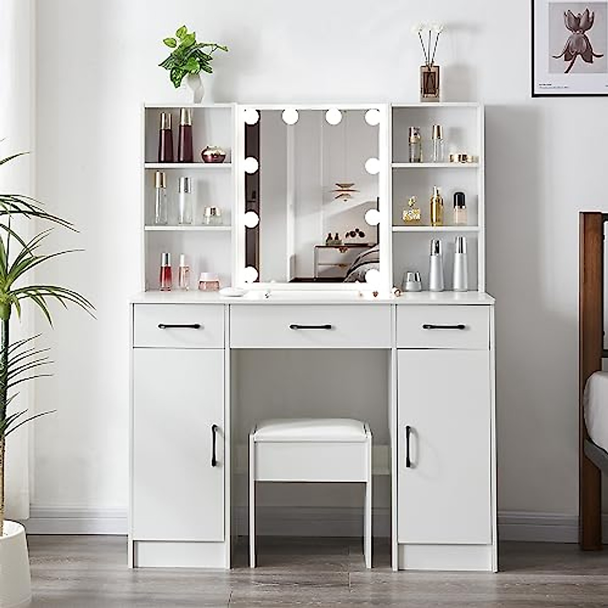 Xinhonglei Large Vanity Set with LED Lights, Vanity Desk with Mirror and Lights, Makeup Vanity Dressing Table with Drawewrs, Cabinet and Cushioned Stool for Bedroom, White