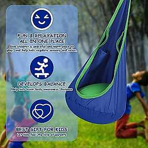 Highwild Kids Pod Swing Seat Child Hanging Hammock Chair with Inflatable Pillow - Sensory Swing Chair with Pocket and Handles - for Any Indoor or Outdoor Spaces - Max 176 Lbs (Blue and Green)
