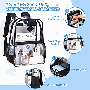 MUSEVOS Clear Backpack Stadium Approved, Heavy Duty See Through Book Bag, Black Transparent
