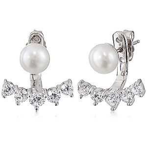 Amazon Essentials Platinum-Plated Sterling Silver Infinite Elements Cubic Zirconia Freshwater Cultured Pearl with White Earring Jackets, (previously Amazon Collection)