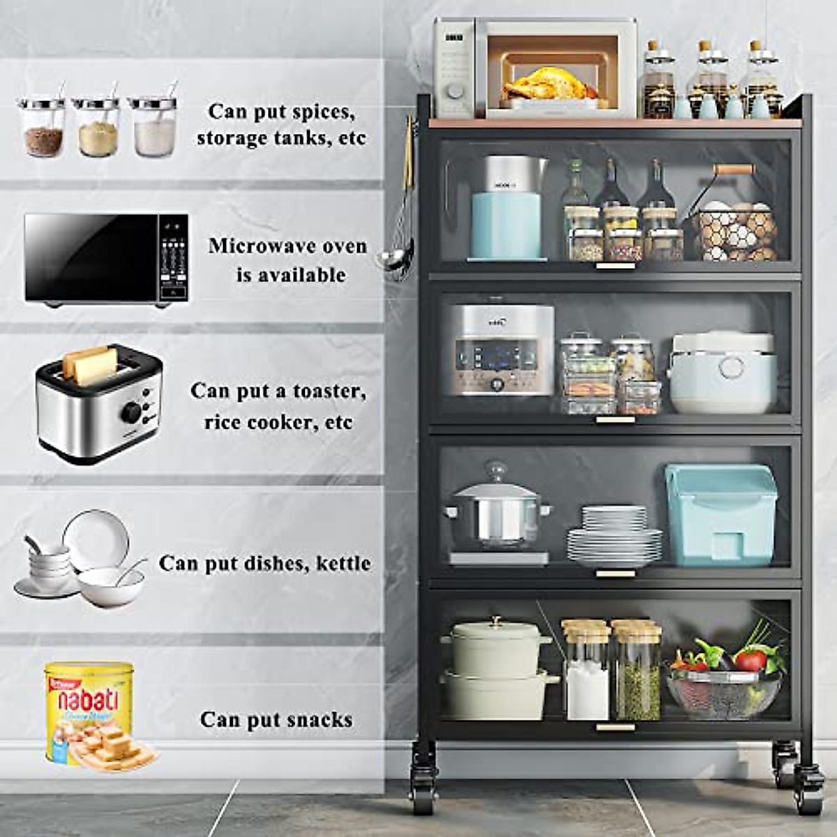 GILLAS 5-Tier Bakers Racks for Kitchen with Storage, Free-Standing Microwave Stand with Organzier Shelf, Kitchen Utility Storage Shelf with Flip Door Cabinet, Coffee Bar Cabinet, Black, Medium