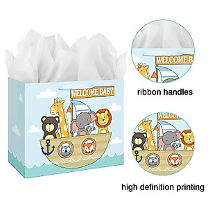 13" Large Baby Gift Bag with Card and Tissue Paper for Baby Shower,Kids Birthday (Animal)