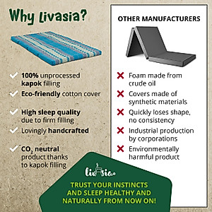 livasia Sustainable kapok Mattress, Guest Mattress, Wide, Folding Mattress, Ecological Yoga mat, Folding Guest Bed, Sun Lounger for Garden & Balcony, 79x43x3.1″ (Light Blue)