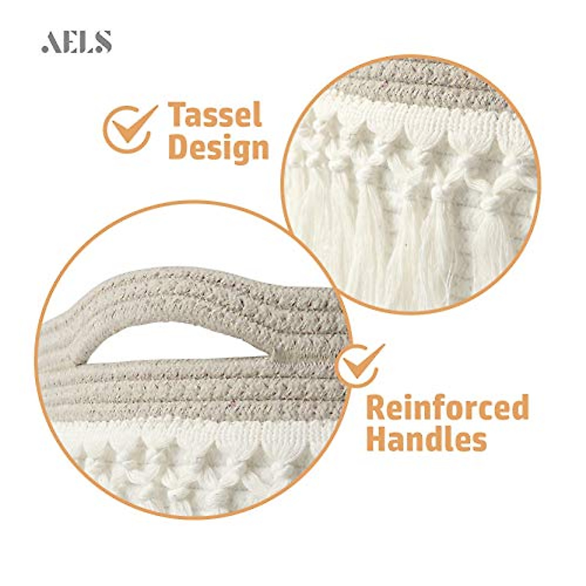 AELS XXXLarge 22"x22"x15" Rope Boho Basket Woven Baby Laundry Basket for Blankets Toys Storage Basket with Handle Comforter Cushions Storage Bins Thread Laundry Hamper-Brown White Gray 93 Liters