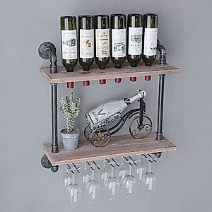 WGX Design For You Industrial Rustic Wall Mounted Wine Racks with Glass Holder Pipe Hanging Wine Rack,2-Tiers Wood Shelf Floating Shelves,Home Room Living Room Kitchen Decor Display Rack (24inch)