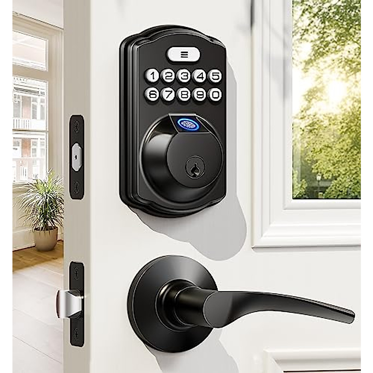 Veise Fingerprint Door Lock with 2 Lever Handles - Keyless Entry Door Lock, Electronic Keypad Deadbolt & Front Door Lock Handle Sets, Auto Lock & 1 Touch Locking, Easy Installation, Matte Black