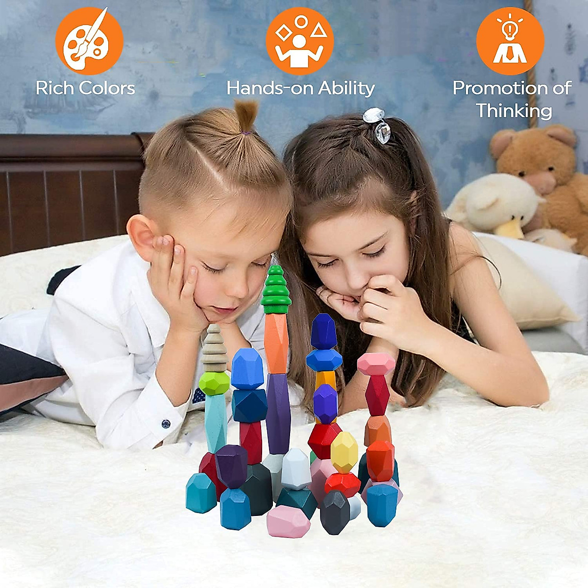 Ghims Kids Stacking Toys, 36 PCS Wooden Stacking Toys, Montessori Stacking Toys for Toddles, Balancing Stone Rocks Building Blocks Educational Preschool Toys, Colorful Game Lightweight Puzzle Set