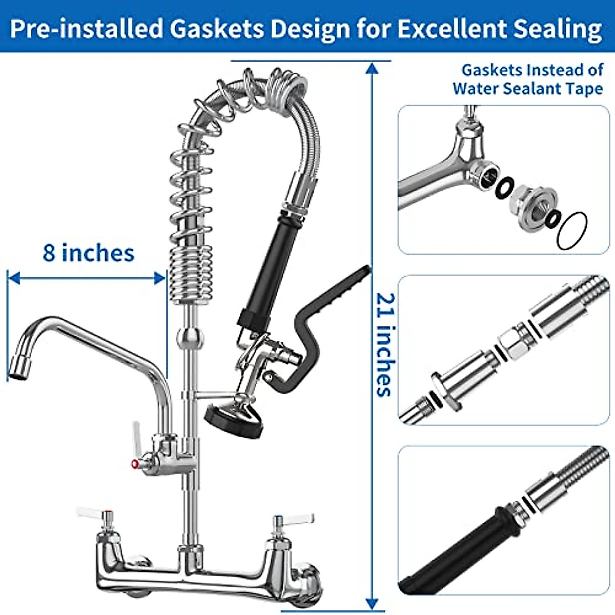 JZBRAIN Commercial Faucet with Sprayer 21" Height Wall Mount Kitchen Sink Faucet Add On Faucet 8" Swing Spout Pre-Rinse Sprayer 8 inch Center for 1 or 2 Compartment Sink
