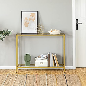 HOOBRO 39.4" Gold Console Table, Tempered Glass Sofa Table, Narrow Entryway Table, Metal Frame, Modern Style, Hallway, Living Room, GD04XG01