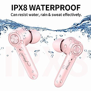 Picun True Wireless Earbuds 36 Hours Playtime, Bluetooth V5.0 Headphones, HiFi Immersive Bass in-Ear Headsets IPX8 Waterproof Sports Earphones w/HD Mic, Touch Control, USB-C, Fit for Women Girl Pink