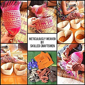 Bamboo Sticky Rice Serving Basket 6 x 5.2 Inch, Kratip, Intricately Woven Container, Heart-Shaped, Pikul Flower Weave Pattern, Thailand Handmade (Purple)