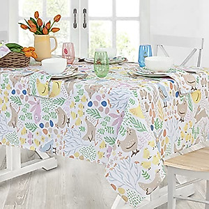 Home Bargains Plus Easter Fun Fabric Tablecloth, Bunny Rabbit, Easter Egg and Chicks Print Stain and Wrinkle Resistant Spring Tablecloth, 52” x 52” Square