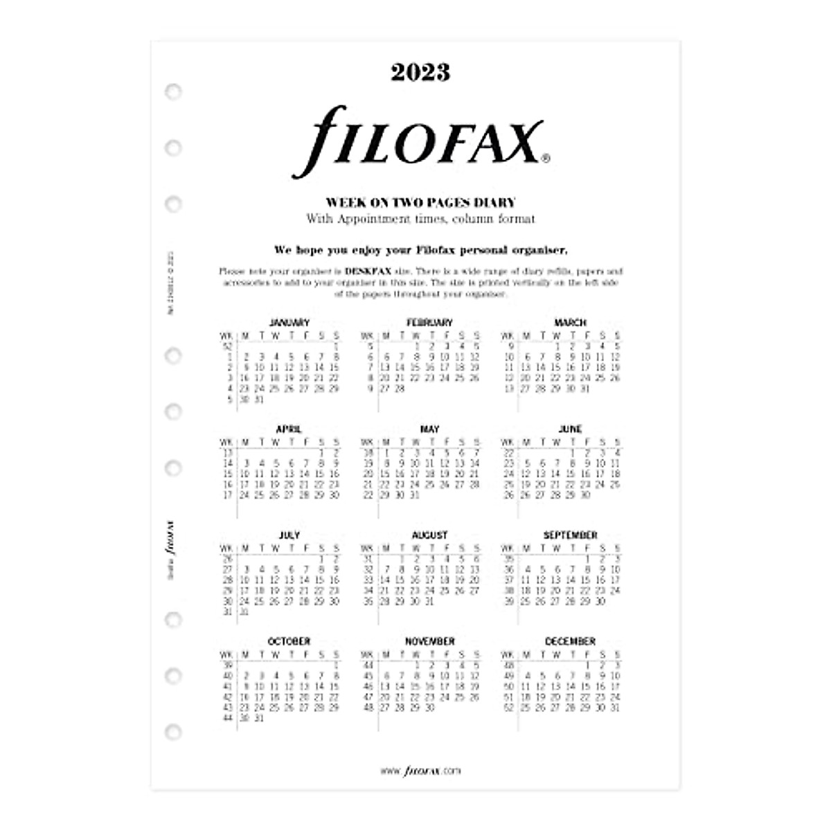 Filofax Refill, Deskfax, Week-to-View with Appointments, White Paper, English, 2023 (C68612-23), 7 inches X 10 inches