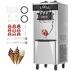 GSEICE 2500W Commercial Ice Cream Maker Machine, 6.8-8.4 Gal/H Soft Serve Machine with Precooling & Refrigeration at Night, Led Panel, 2+1 Flavors Soft Serve Ice Cream Maker with Two 8L Hoppers 2.0L Cylinders Puffing Shortage Alarm, 9 Magic Heads