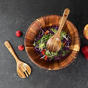 JF JAMES.F Wooden Salad Bowl, 12'' Acacia Wood Large Salad Bowl Set Big Salad Serving Bowl with Serving Utensils