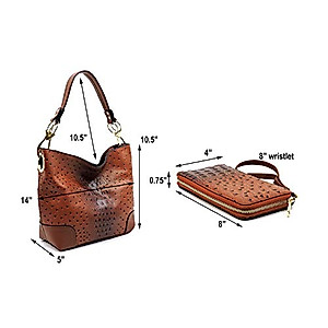 2 PC Set Ostrich Croco Embossed Vegan Faux Leather Hobo Shoulder Bag Classic Bucket Purse with Matching Wallet (BLUSH PINK)