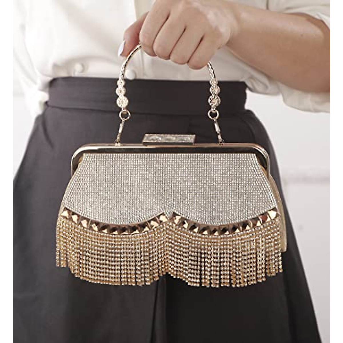 Sither Rhinestone Handbag Purses for Women Evening Handbag Purses Crystal Tassel Clutch Purses Medium Sparkly Clutches Shoulder Chain Bags for Party Prom Christmas Gift (gold)