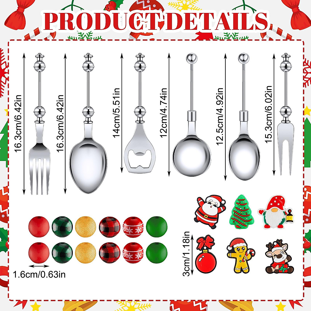 Gisafai 12 Sets Christmas Beadable Spoon Fork Set Beadable Items Christmas Kitchen Utensils Xmas Cutlery Bead Dessert Spoon for Christmas Party Favor Supplies
