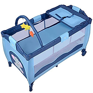 BABY JOY 3 in 1 Pack and Play, Portable Playard with Hanging Toys, 2 Lockable Wheels Diaper Changing Table, Foldable Travel Bassinet Bed (Blue)