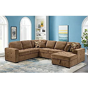 U-Shaped Oversized Polyester Sectional Sofa with Pull Out Sleeper Couch Bed & Storage Chaise Lounge, King Functional Sofá w/ 4 Pillows for Large Flat Mansion Villa Living Room Furniture Sets, Brown